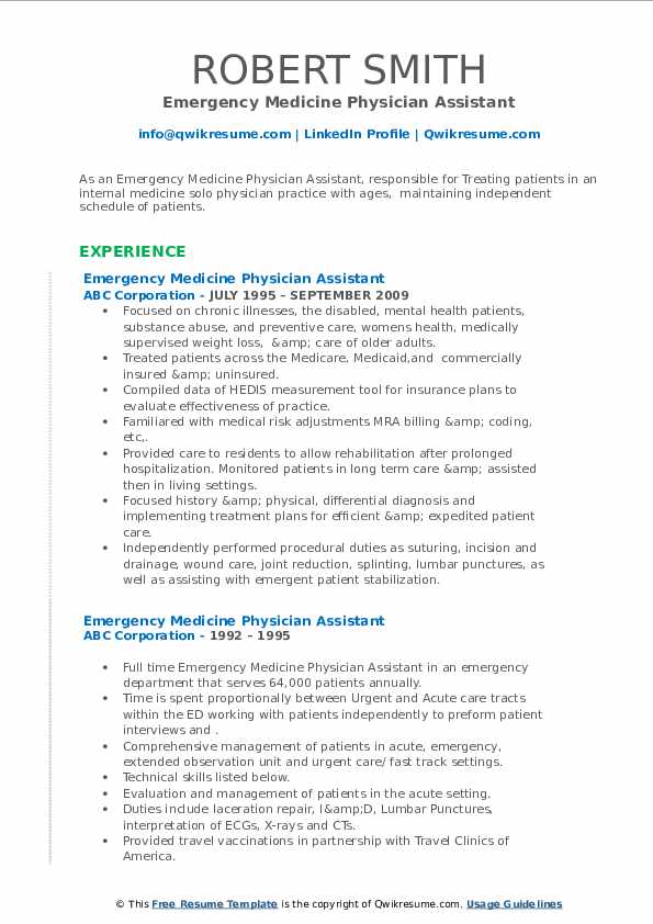 Emergency Medicine Physician Assistant Resume Samples Qwikresume