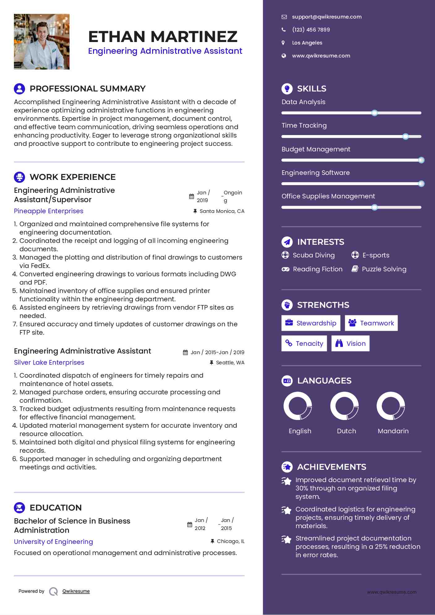 Engineering Administrative Assistant Resume Samples | QwikResume