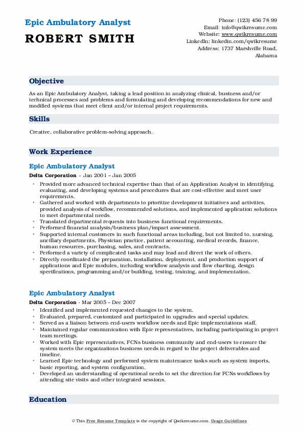 Epic Ambulatory Analyst Resume Samples | QwikResume