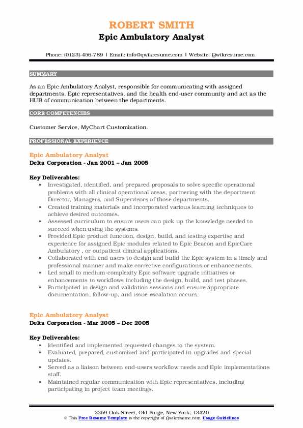 Epic Ambulatory Analyst Resume Samples | QwikResume