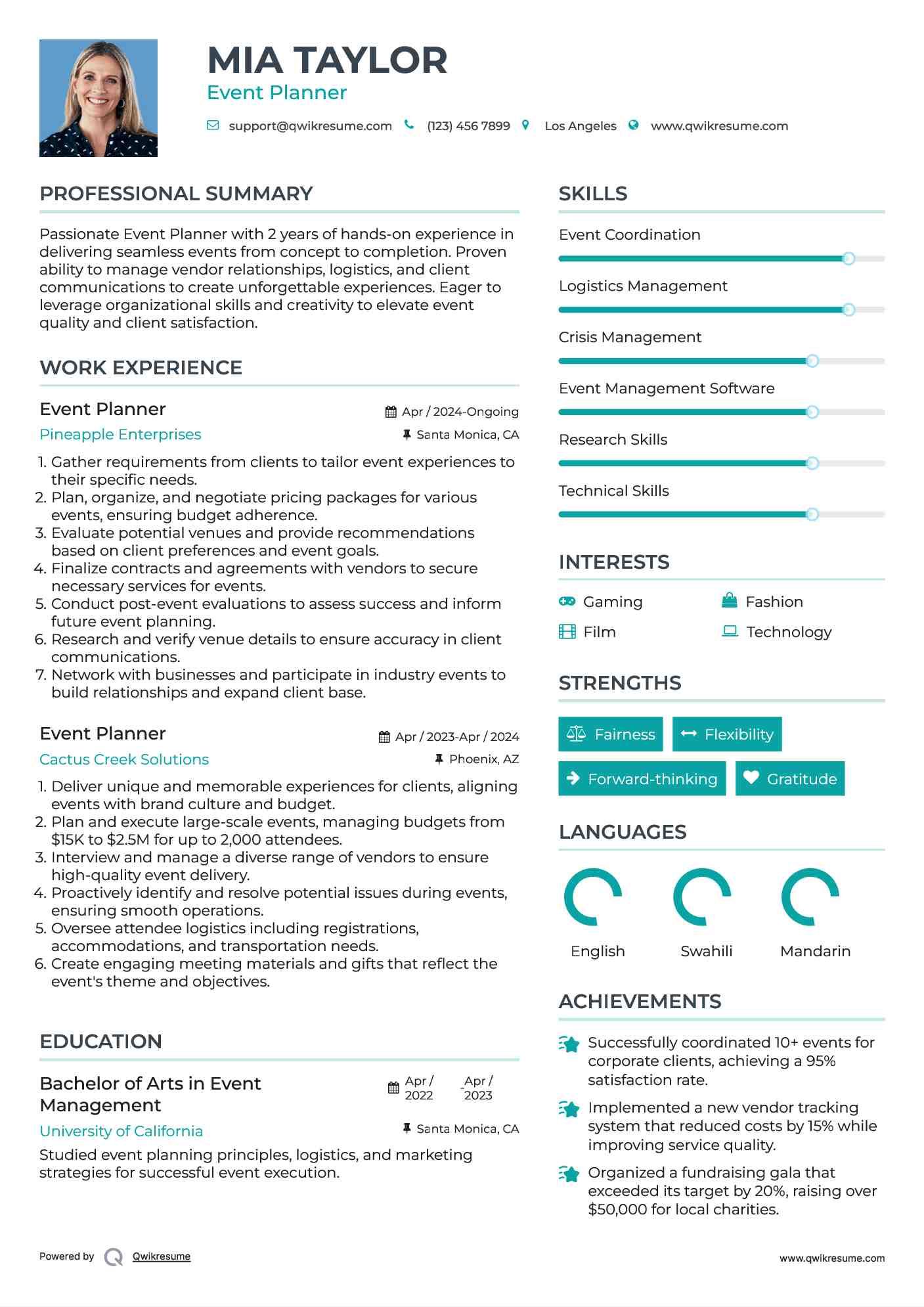 Event Planner Resume Samples QwikResume