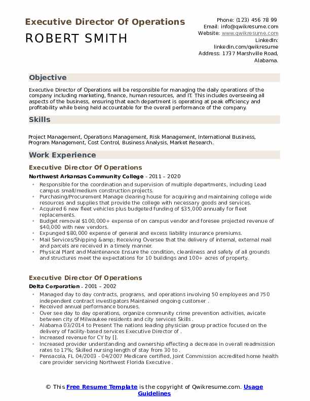 Executive Director Of Operations Resume Samples | QwikResume