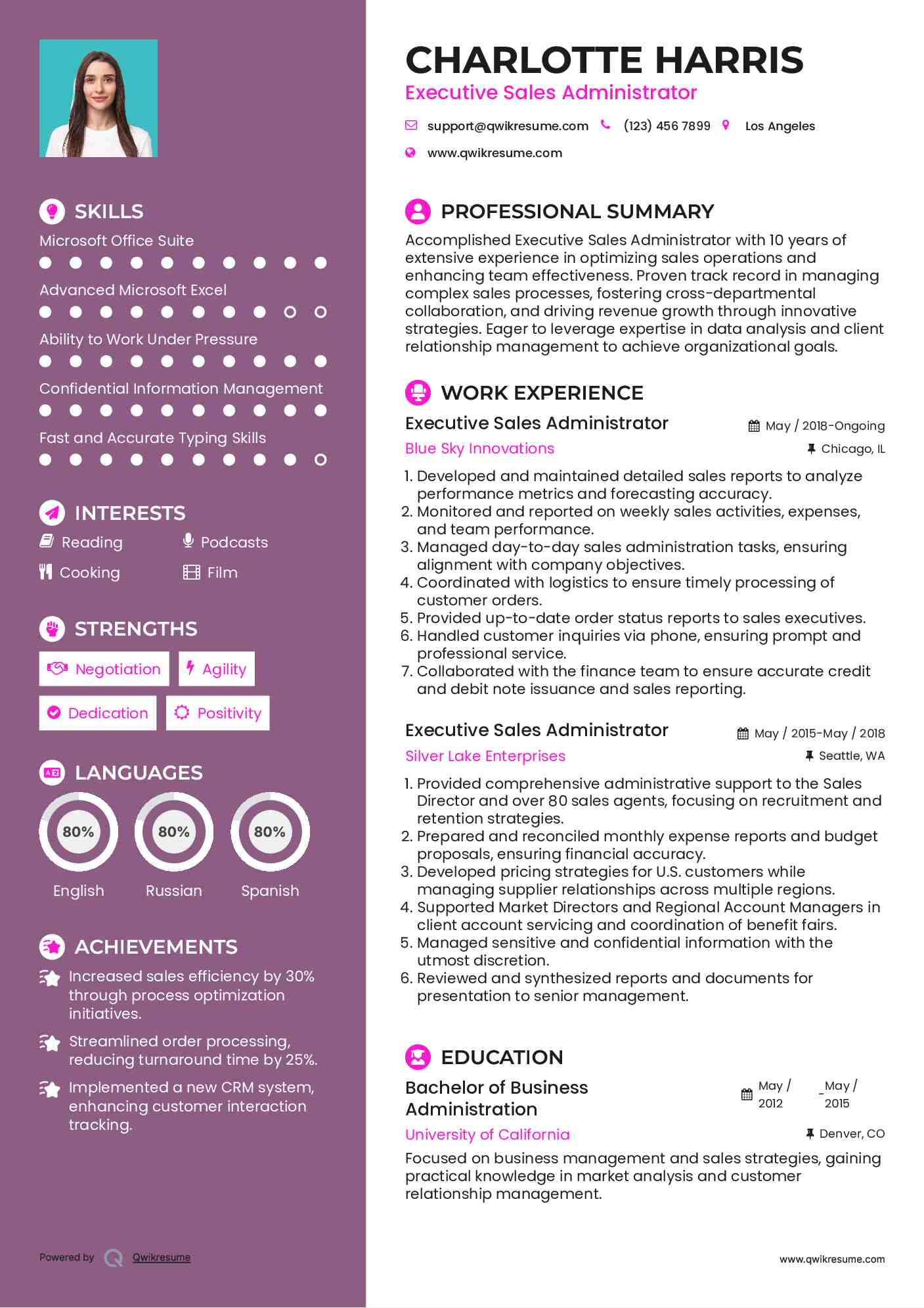 Executive Sales Administrator Resume Samples QwikResume