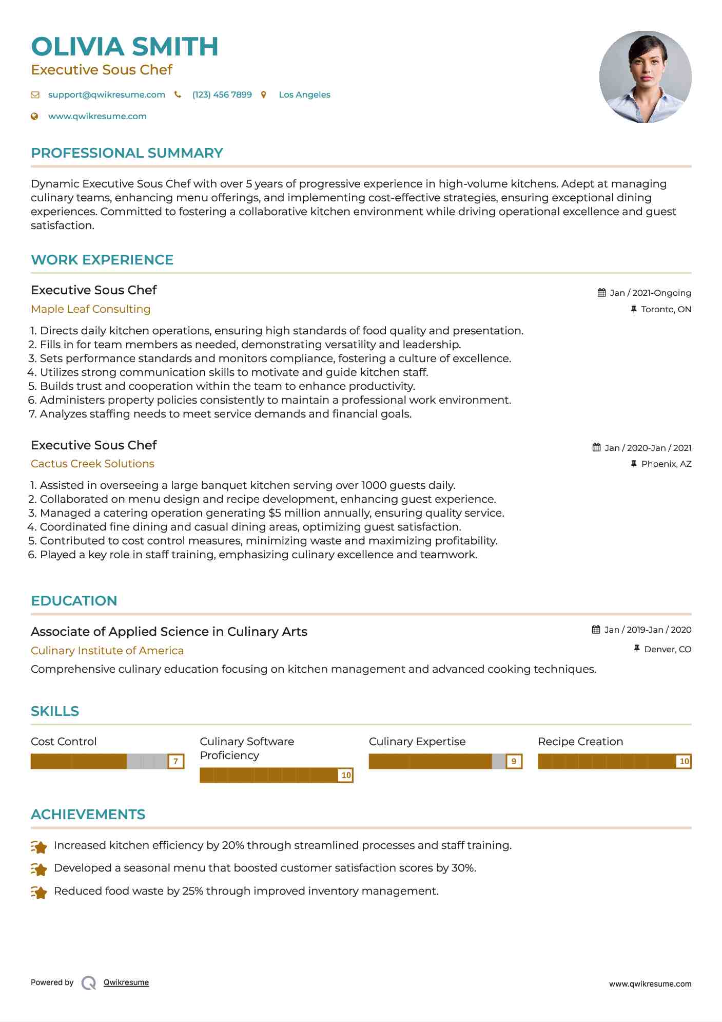 Executive Sous Chef Resume Samples QwikResume