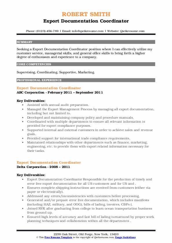 Export Documentation Coordinator Resume Samples | QwikResume