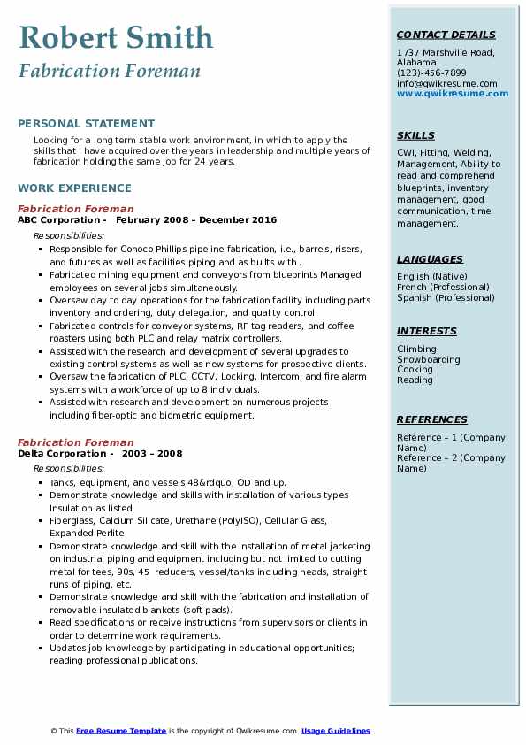Fabrication Foreman Resume Samples | QwikResume