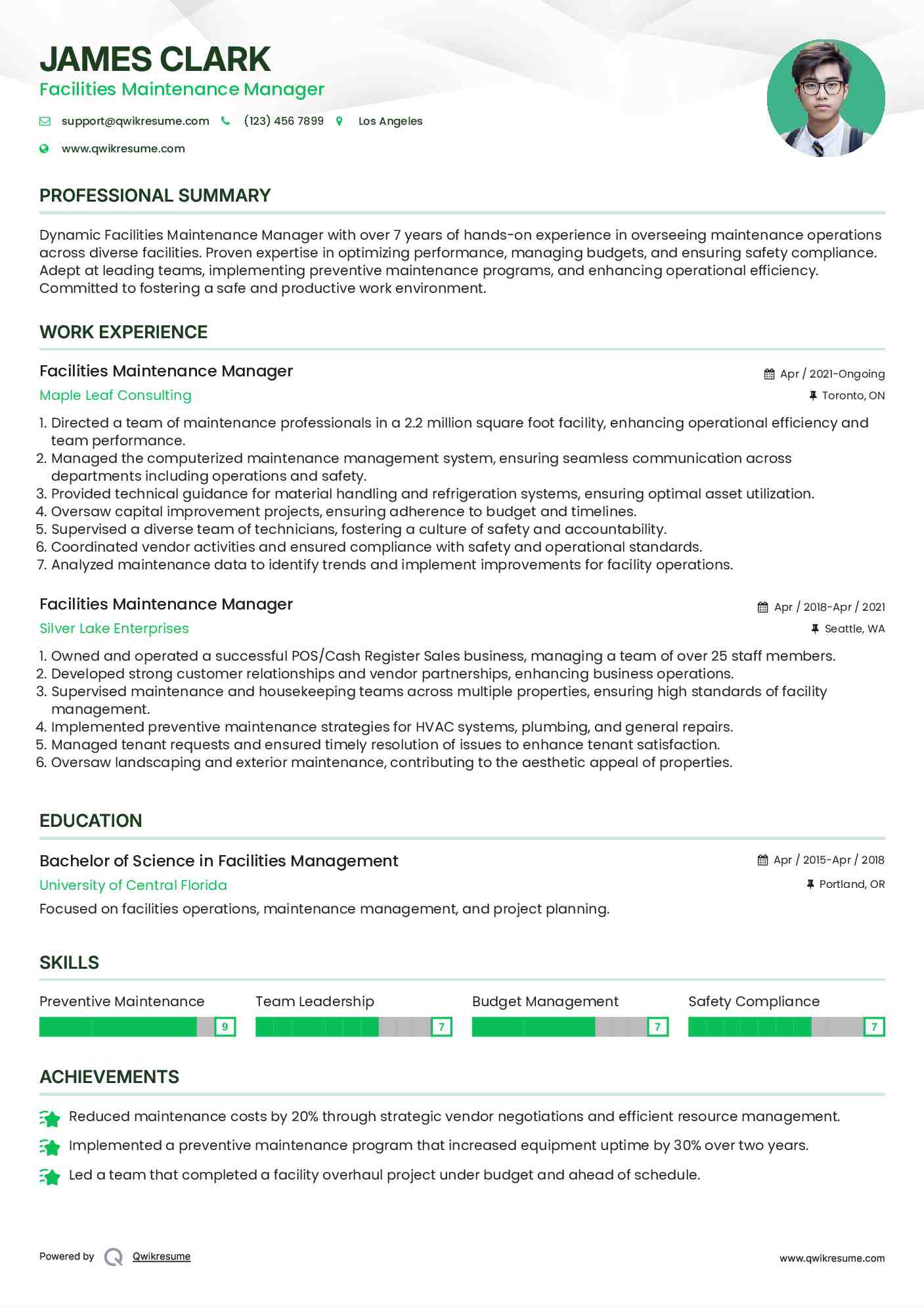 Facilities Maintenance Manager Resume Samples QwikResume