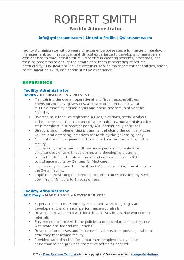 Facility Administrator Resume Samples | QwikResume