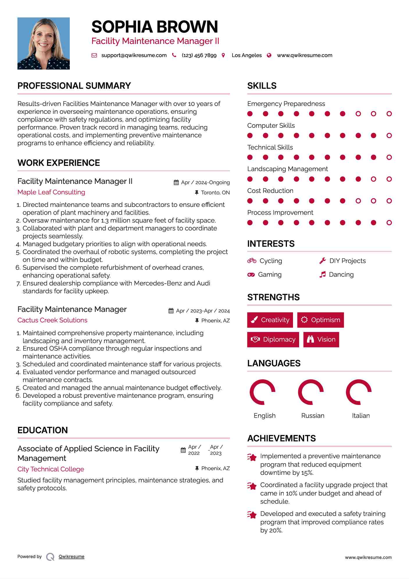 Facility Maintenance Manager Resume Samples QwikResume