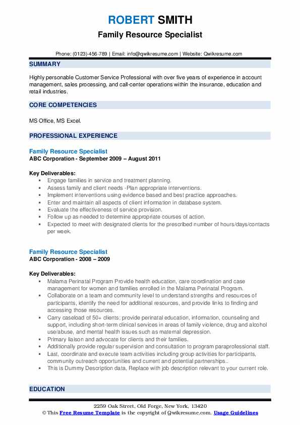 Family Resource Specialist Resume Samples | QwikResume