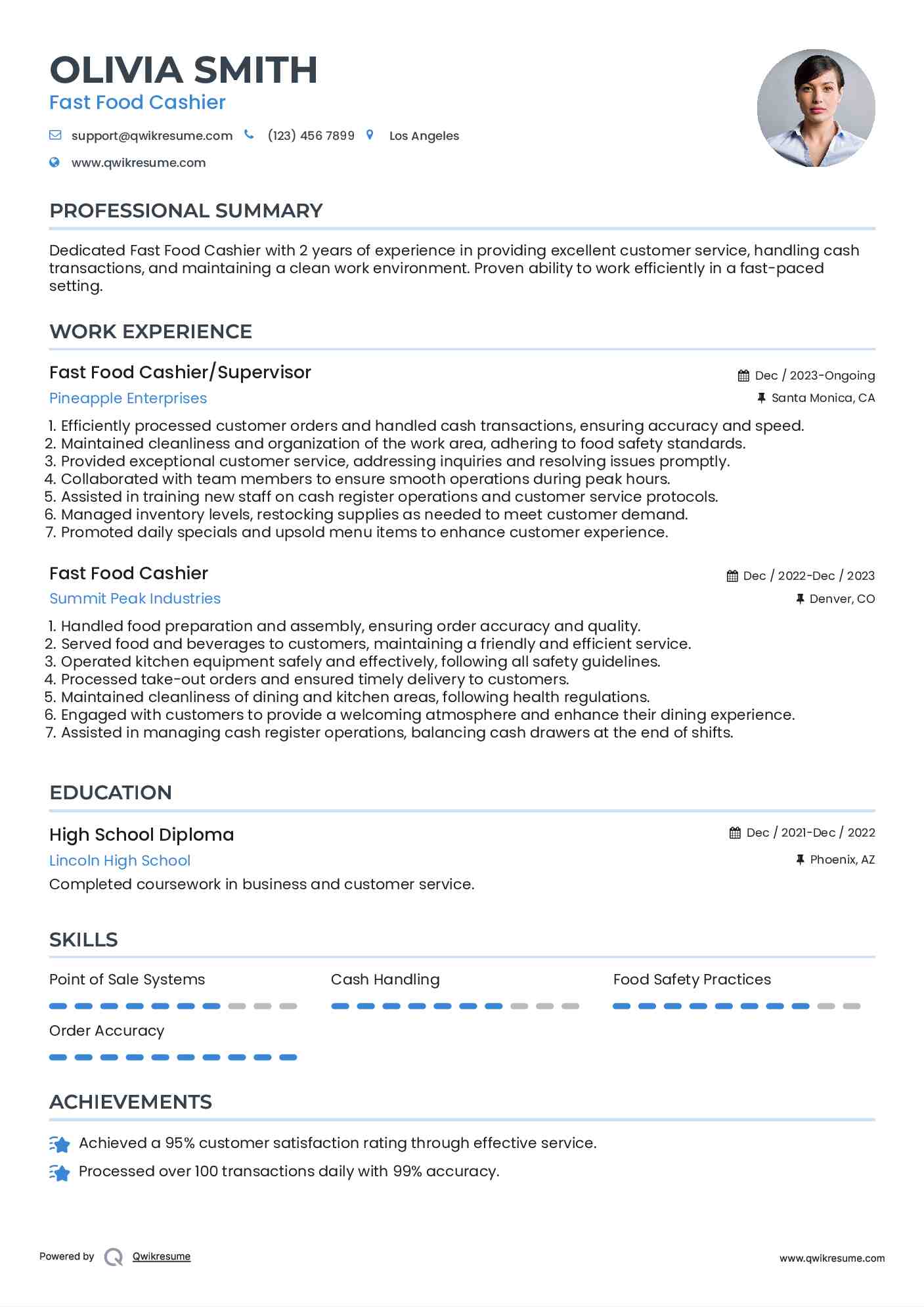 Fast Food Cashier Resume Samples QwikResume