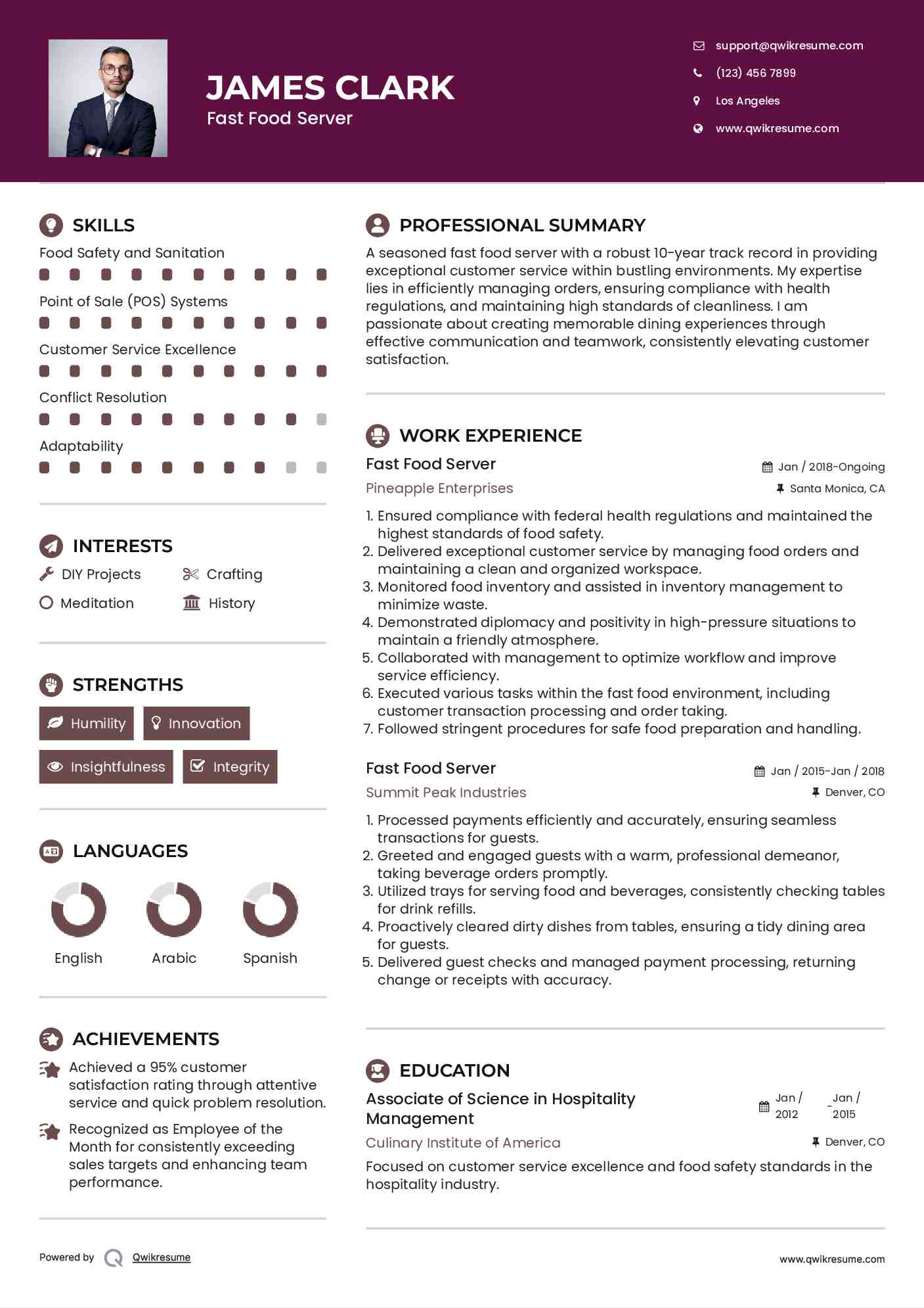 Fast Food Server Resume Samples QwikResume