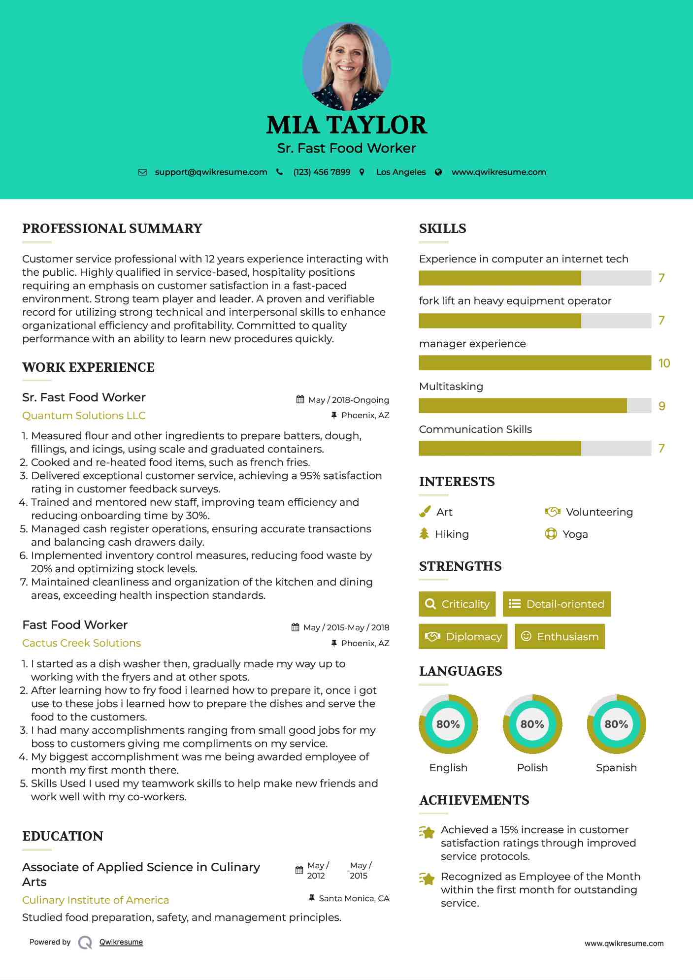 Fast Food Worker Resume Samples QwikResume