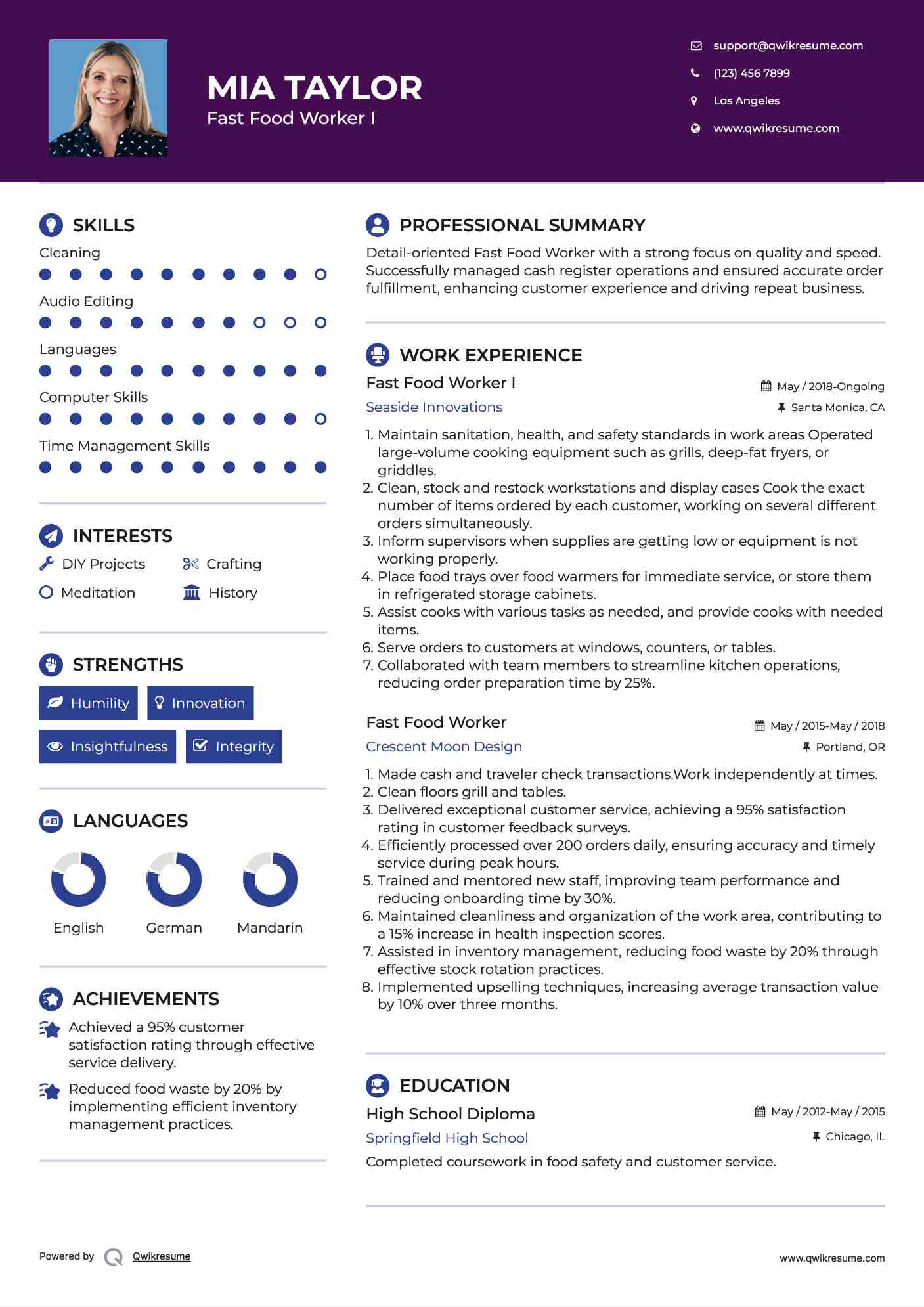 Fast Food Worker Resume Samples QwikResume
