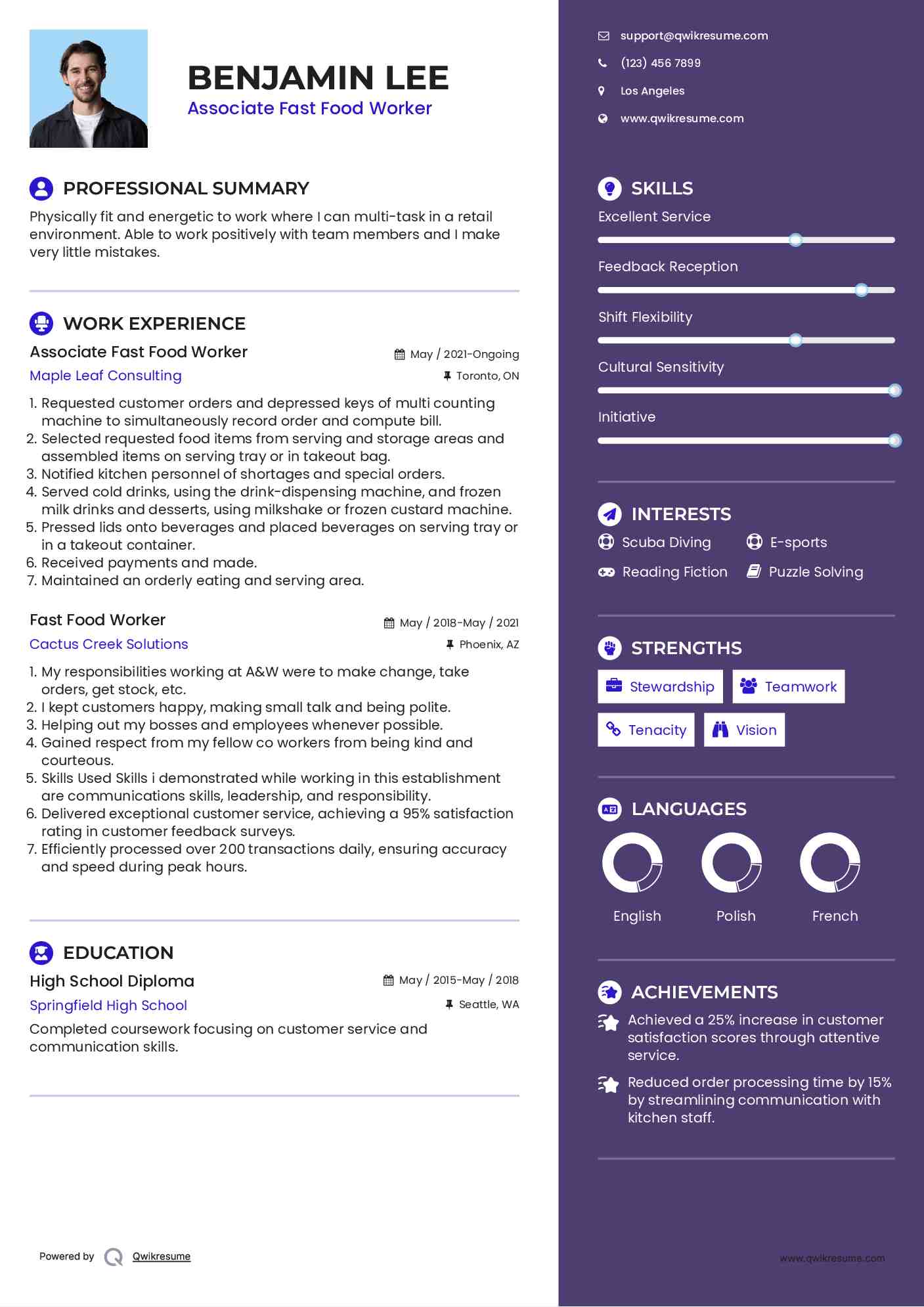 Fast Food Worker Resume Samples QwikResume