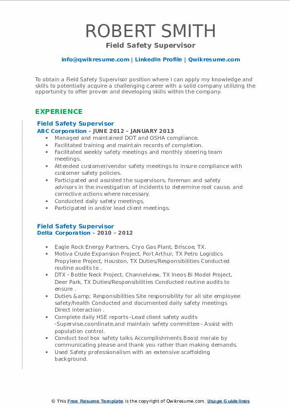 Field Safety Supervisor Resume Samples | QwikResume