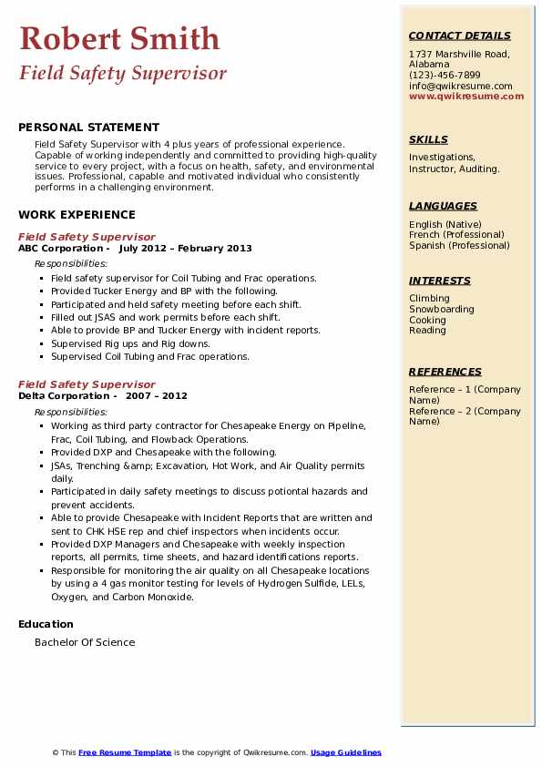 Field Safety Supervisor Resume Samples | QwikResume