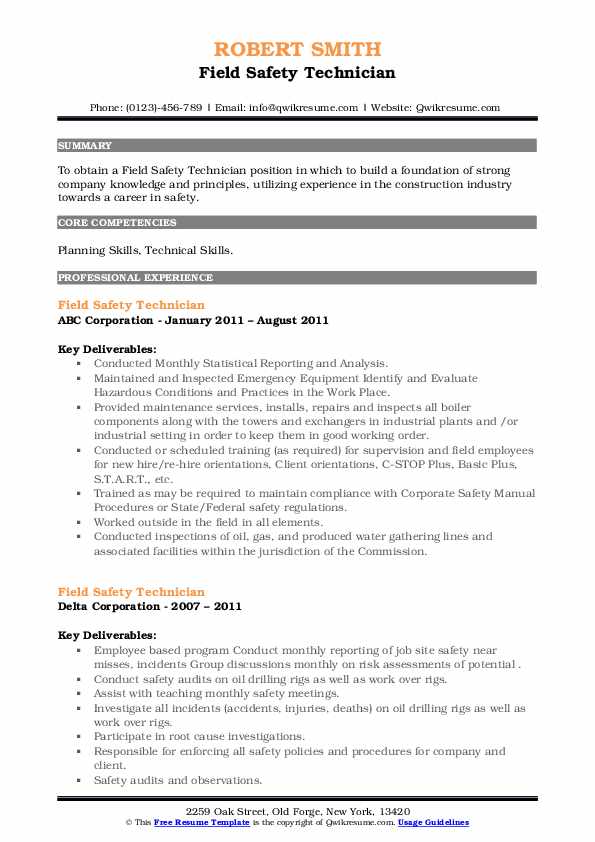 Field Safety Technician Resume Samples | QwikResume