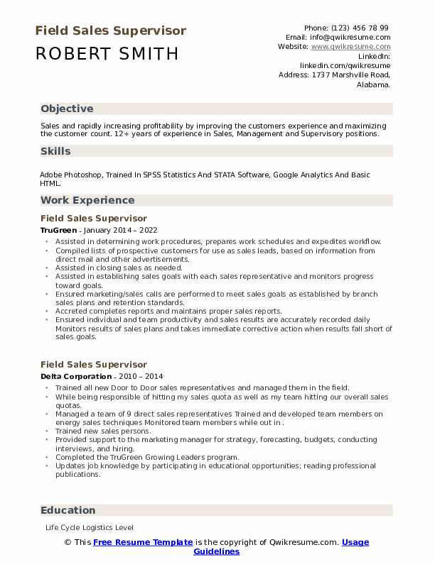 Field Sales Supervisor Resume Samples | QwikResume