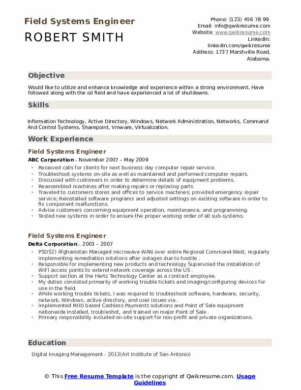 Field Systems Engineer Resume Samples | QwikResume