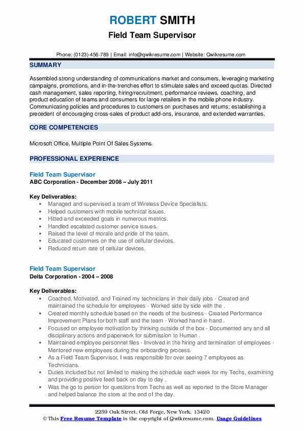 Field Team Supervisor Resume Samples | QwikResume
