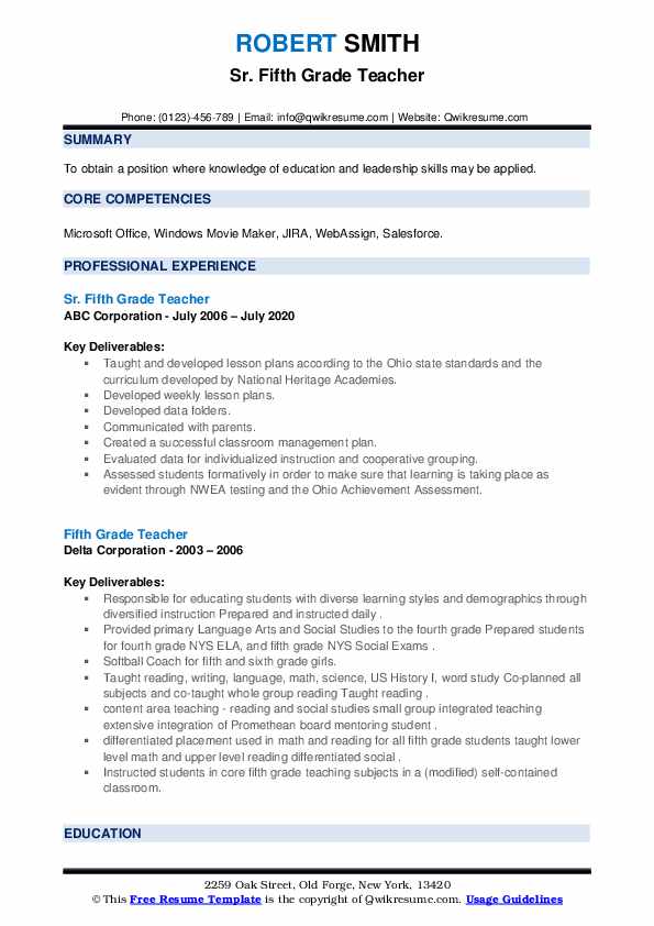 Fifth Grade Teacher Resume Samples QwikResume Fifth Grade Teacher Resume Samples QwikResume
