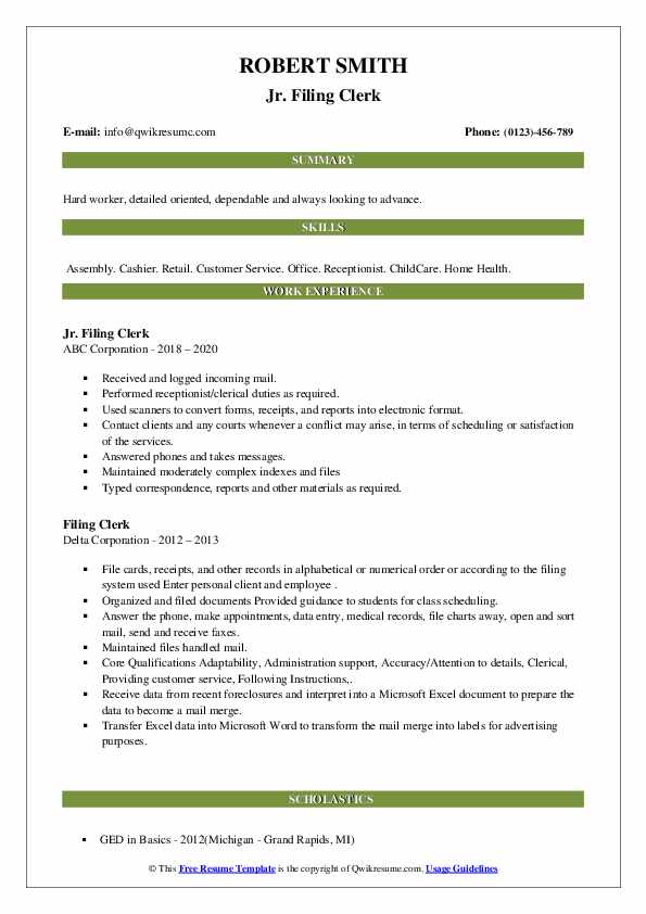 Filing Clerk Resume Samples | QwikResume