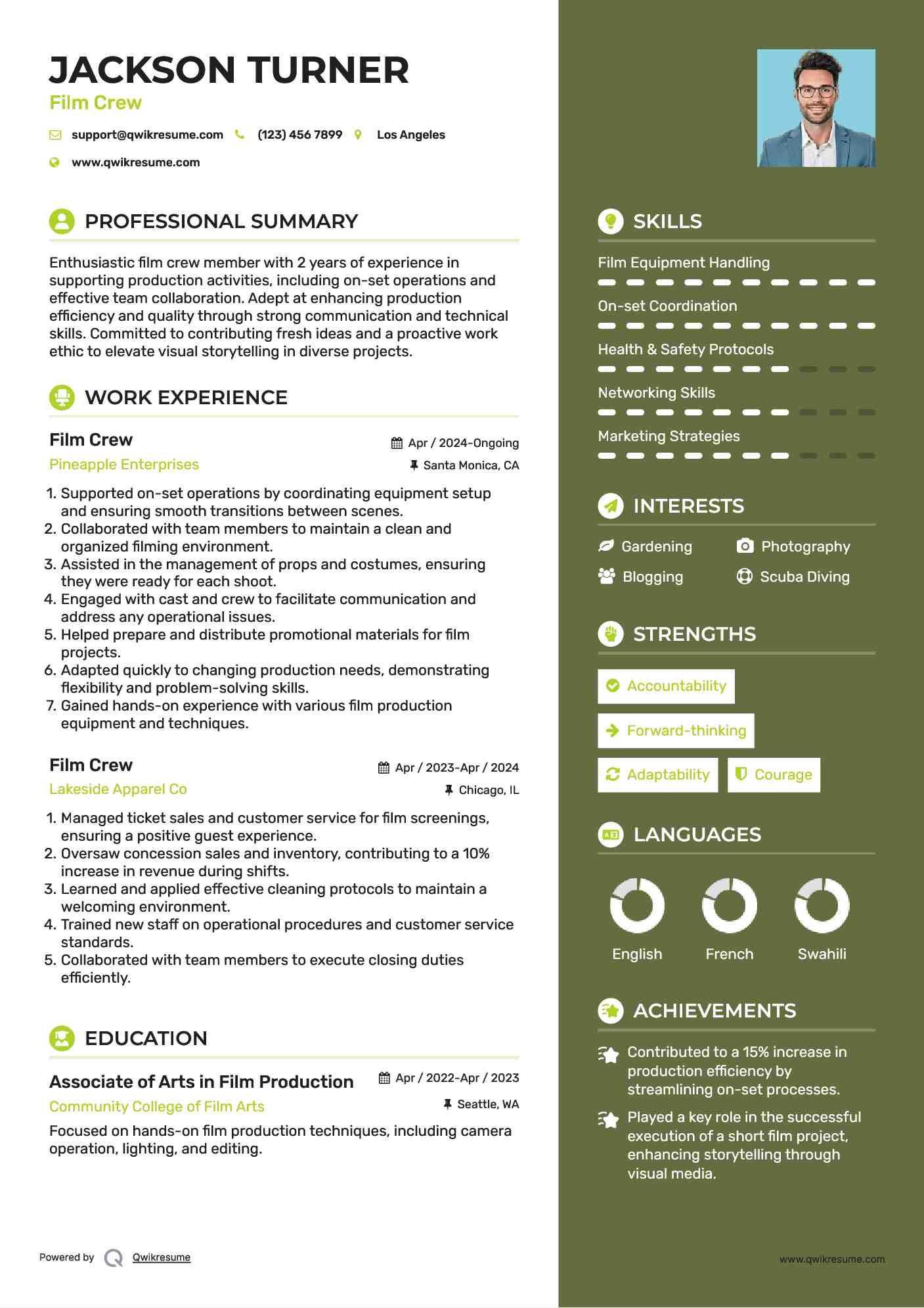 Film Crew Resume Samples QwikResume