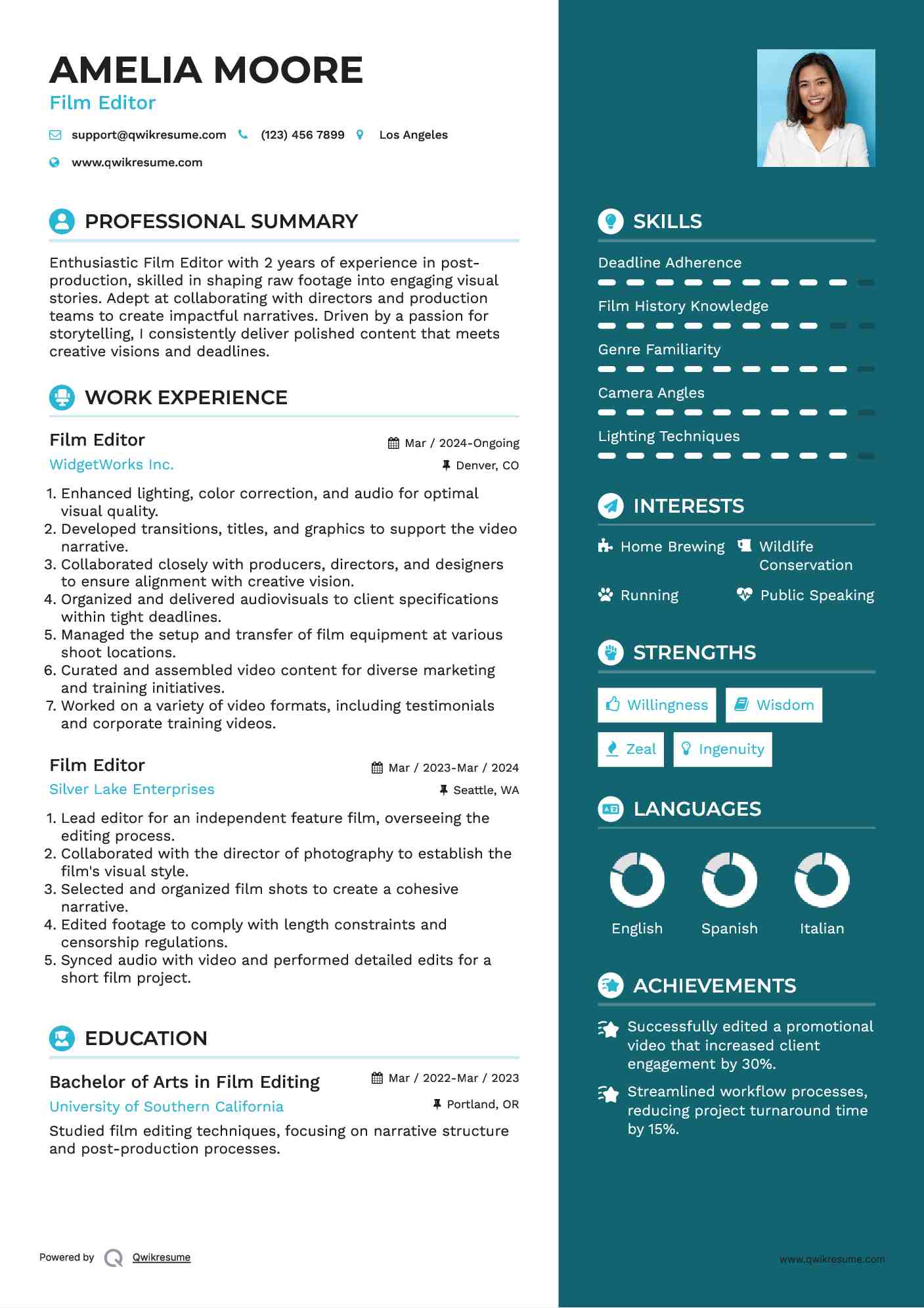 Film Editor Resume Samples QwikResume