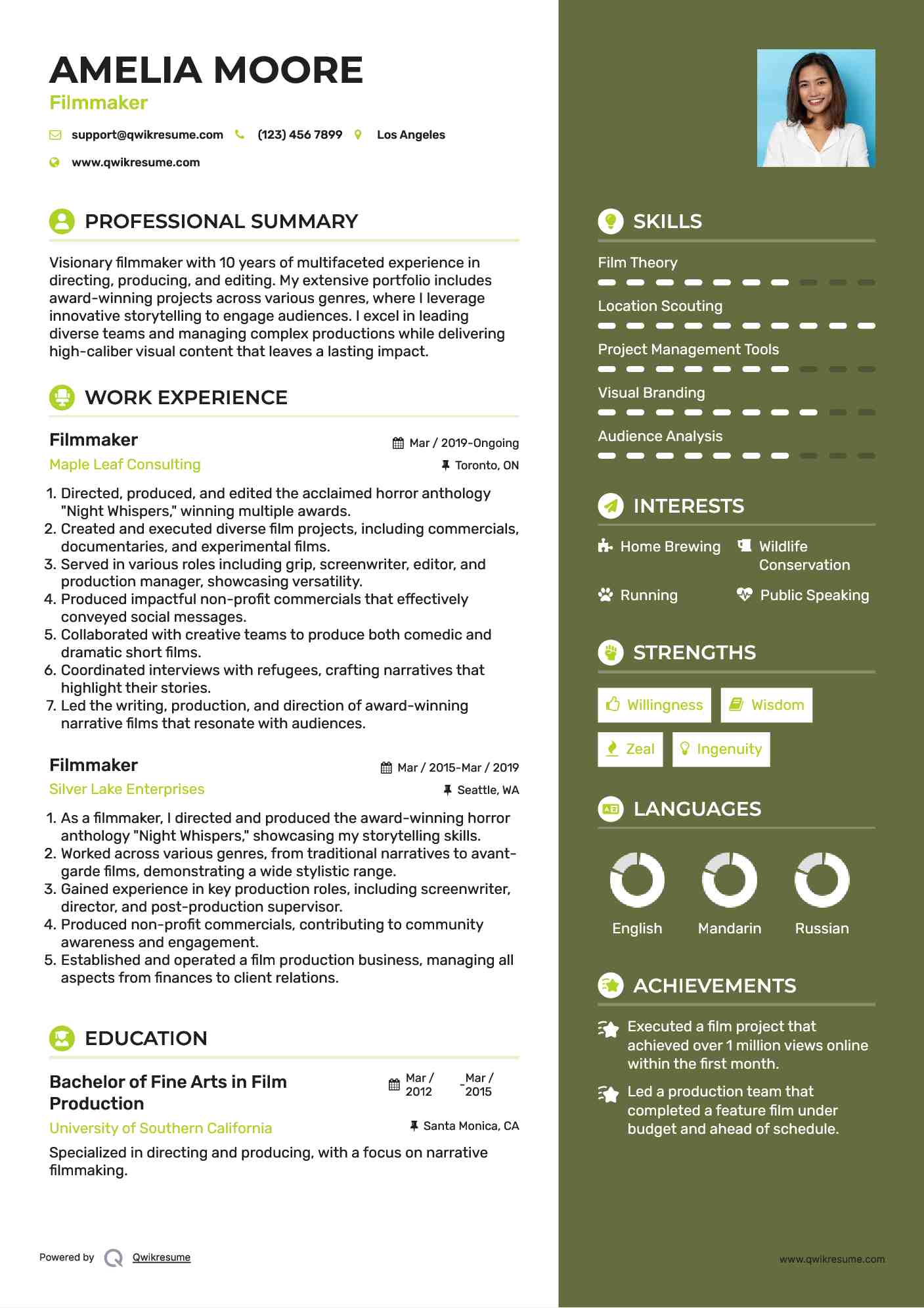 Filmmaker Resume Samples QwikResume