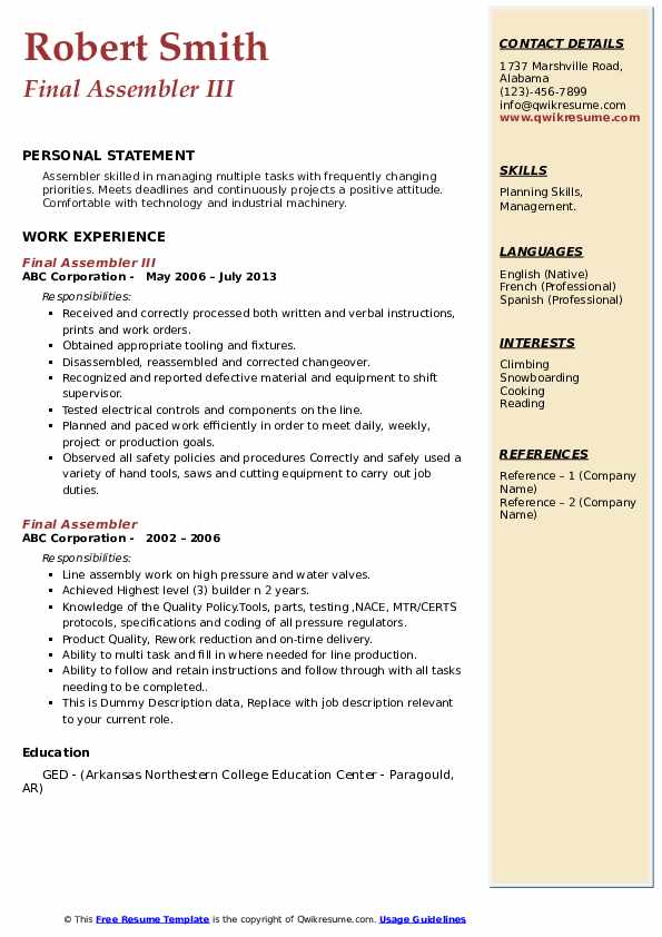 Final Assembler Resume Samples | QwikResume