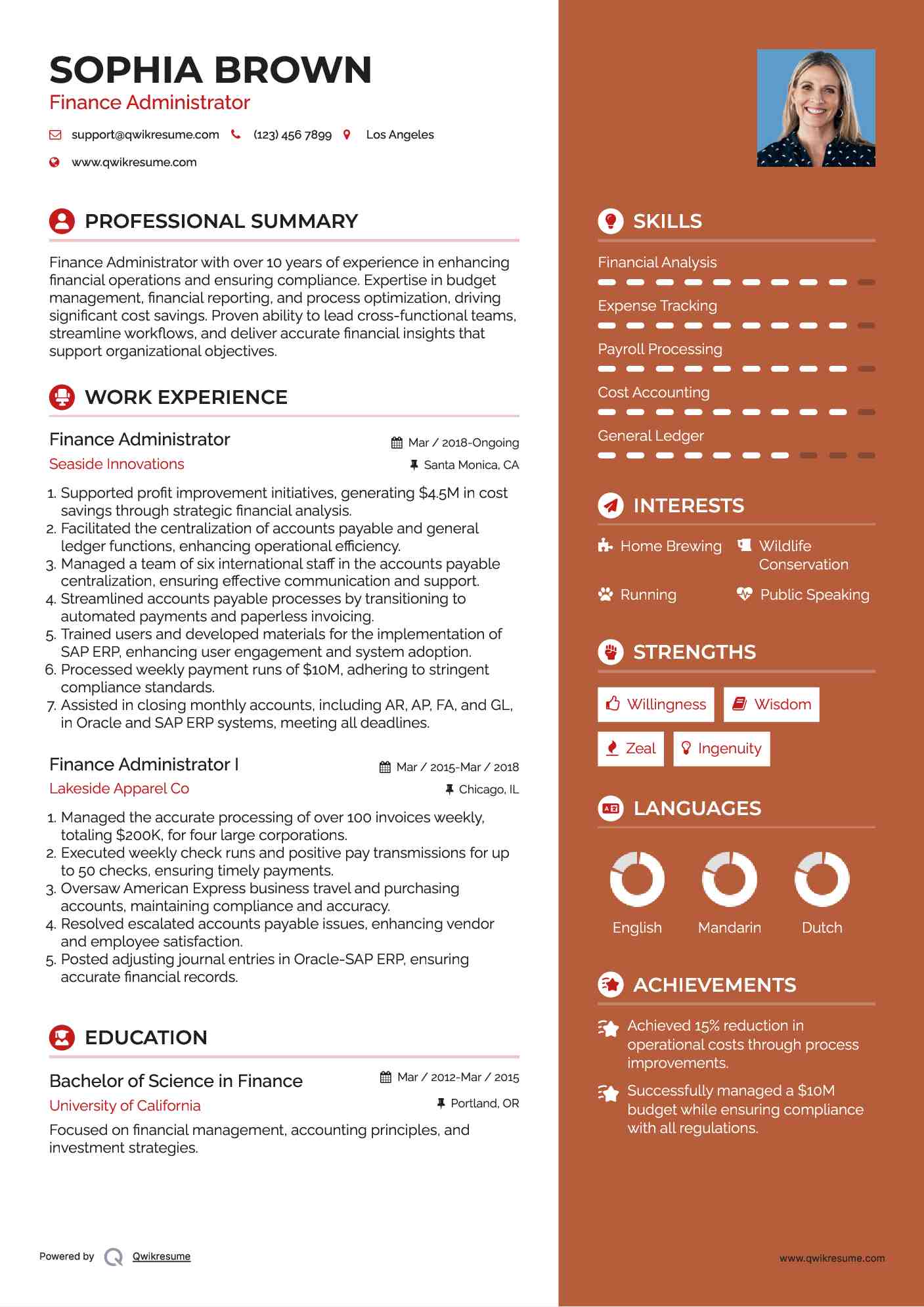Finance Administrator Resume Samples QwikResume