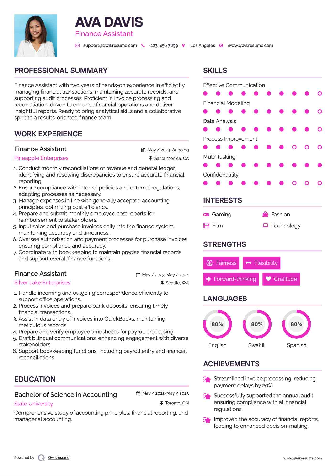 Finance Assistant Resume Samples QwikResume