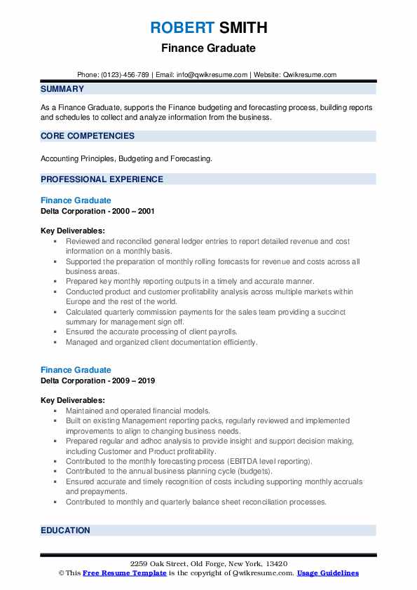 Finance Graduate Resume Samples | QwikResume