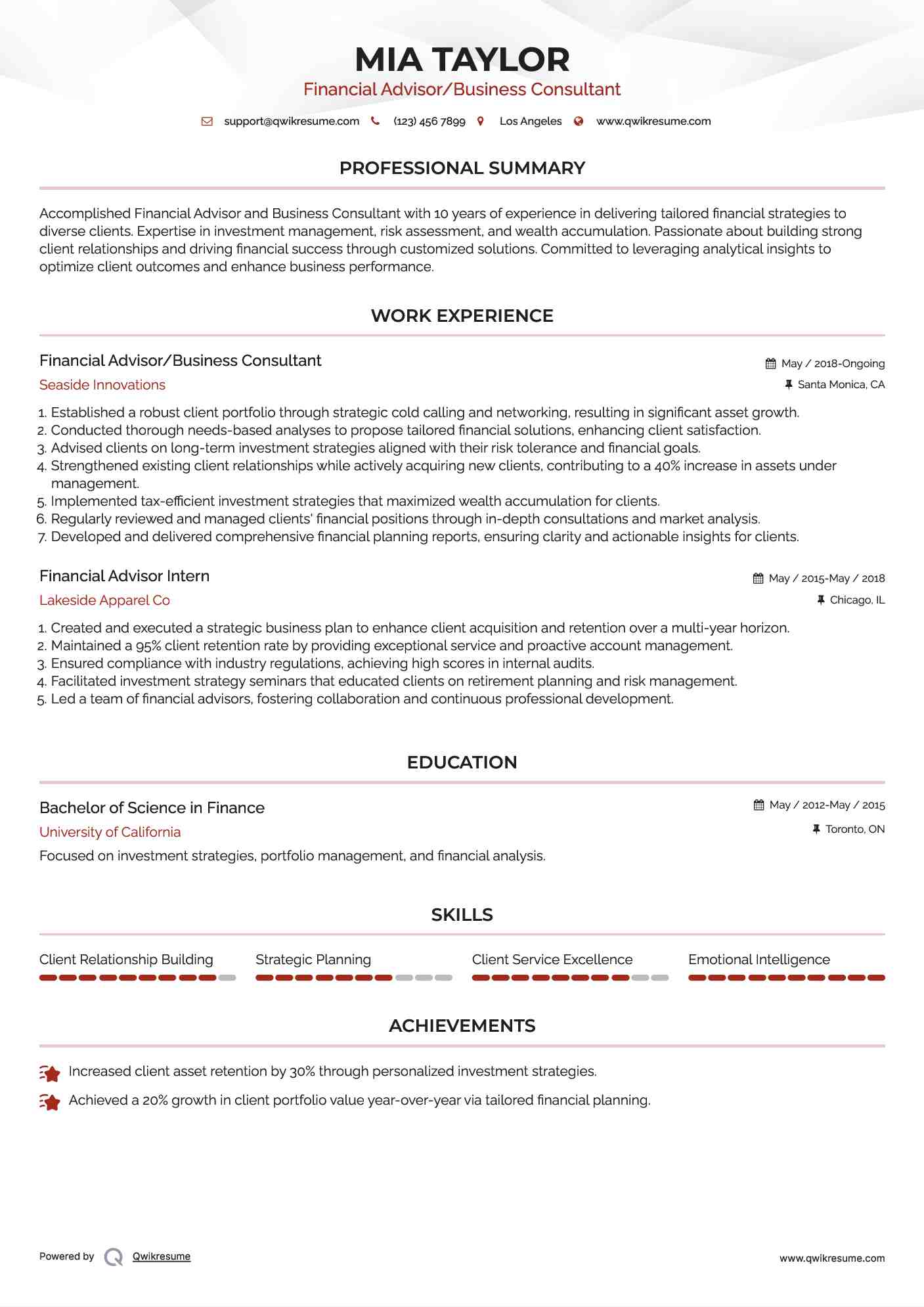 Financial Advisor Resume Samples QwikResume