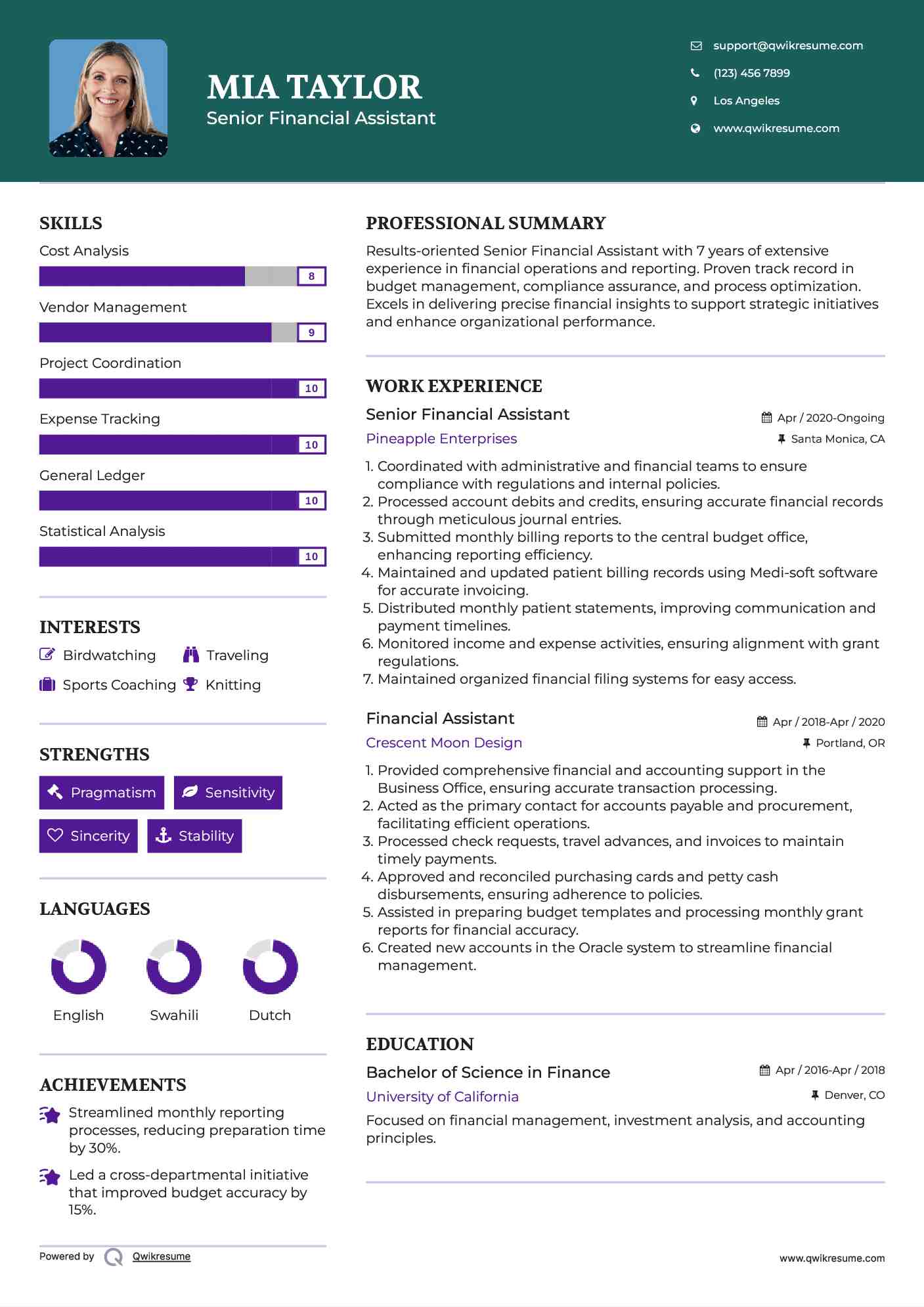 Financial Assistant Resume Samples QwikResume
