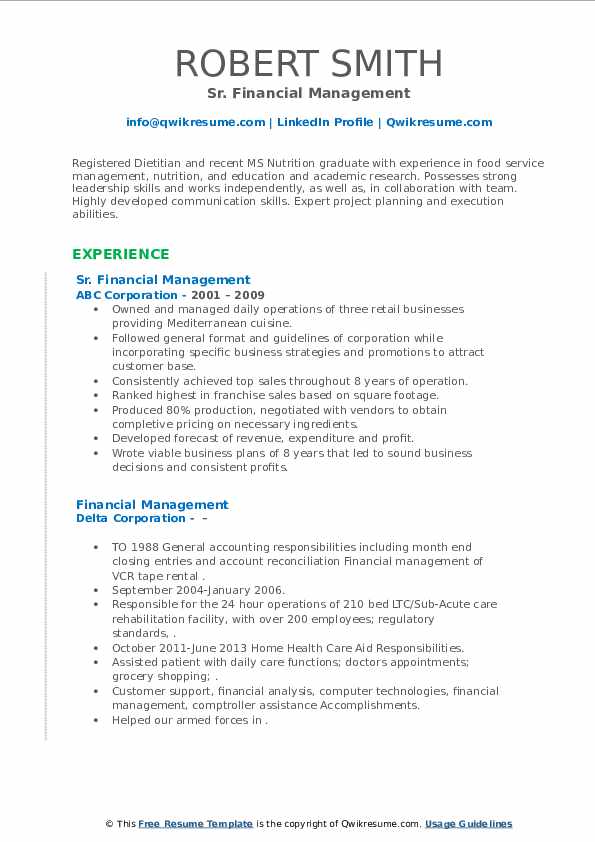 Financial Management Resume Samples QwikResume