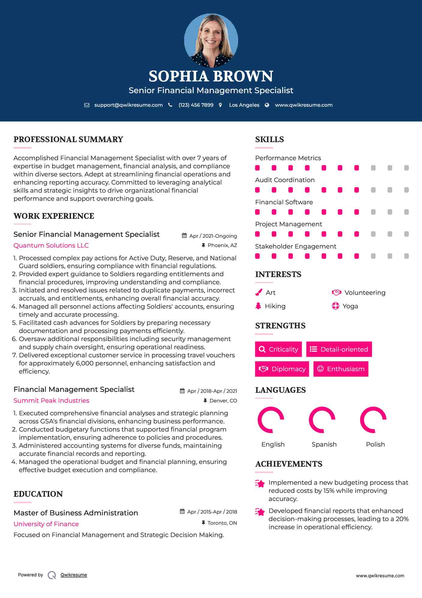Financial Management Specialist Resume Samples QwikResume