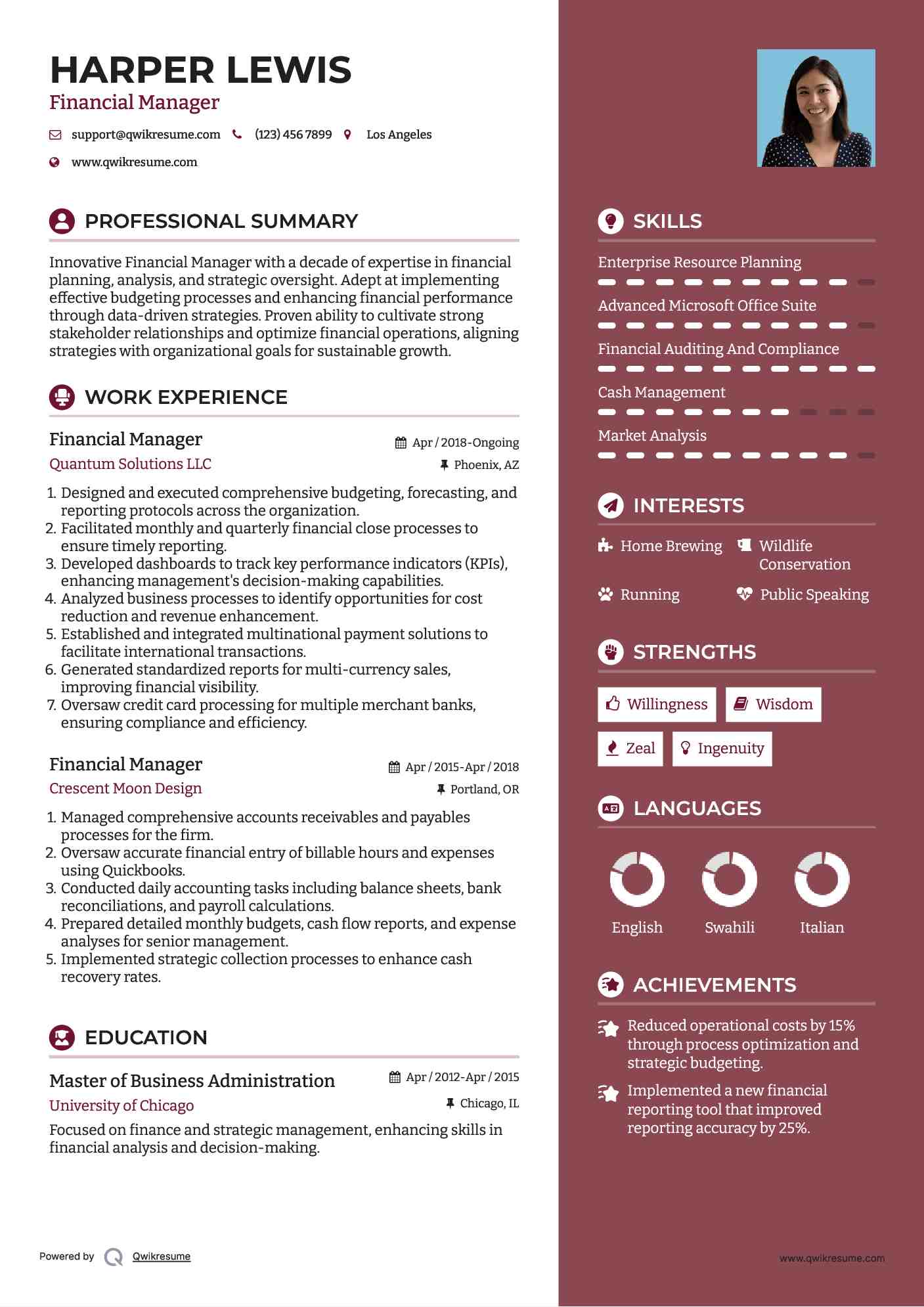 Financial Manager Resume Samples QwikResume