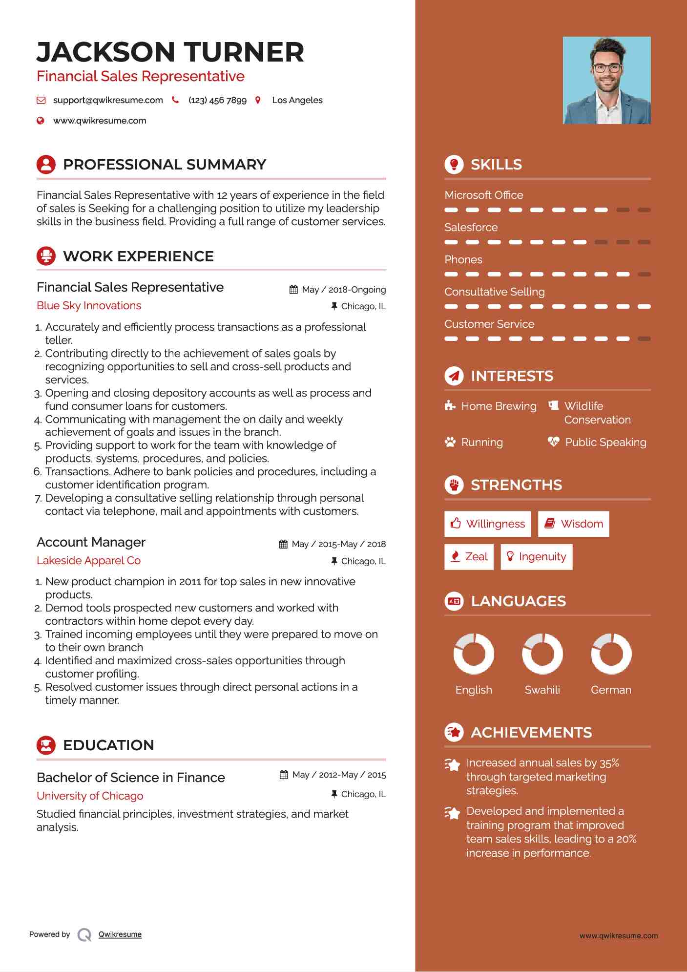 Financial Sales Representative Resume Samples QwikResume