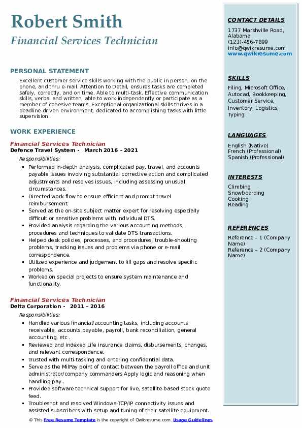 Financial Services Technician Resume Samples | QwikResume