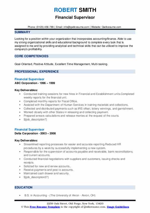 Financial Supervisor Resume Samples | QwikResume