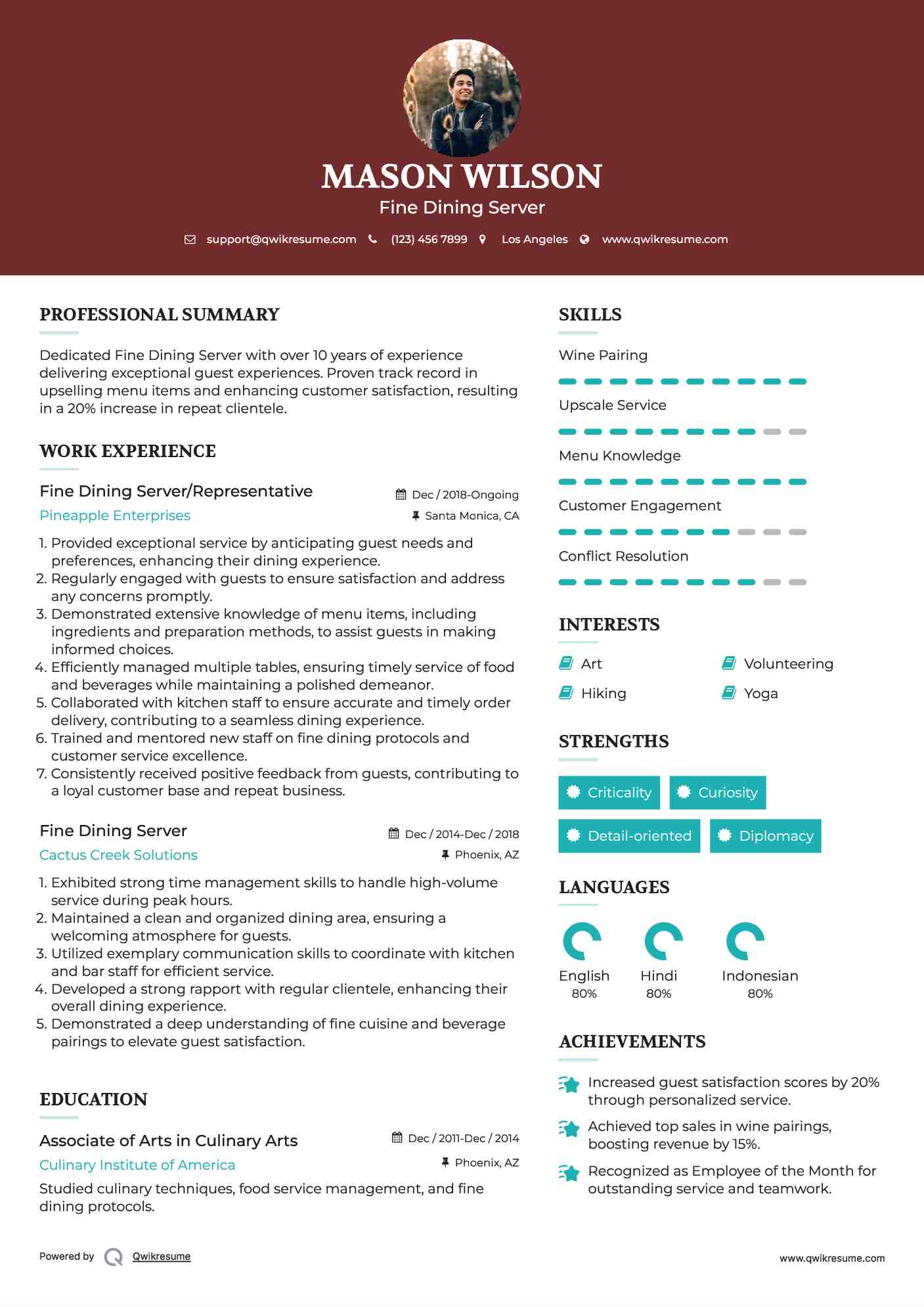 Fine Dining Server Resume Samples QwikResume