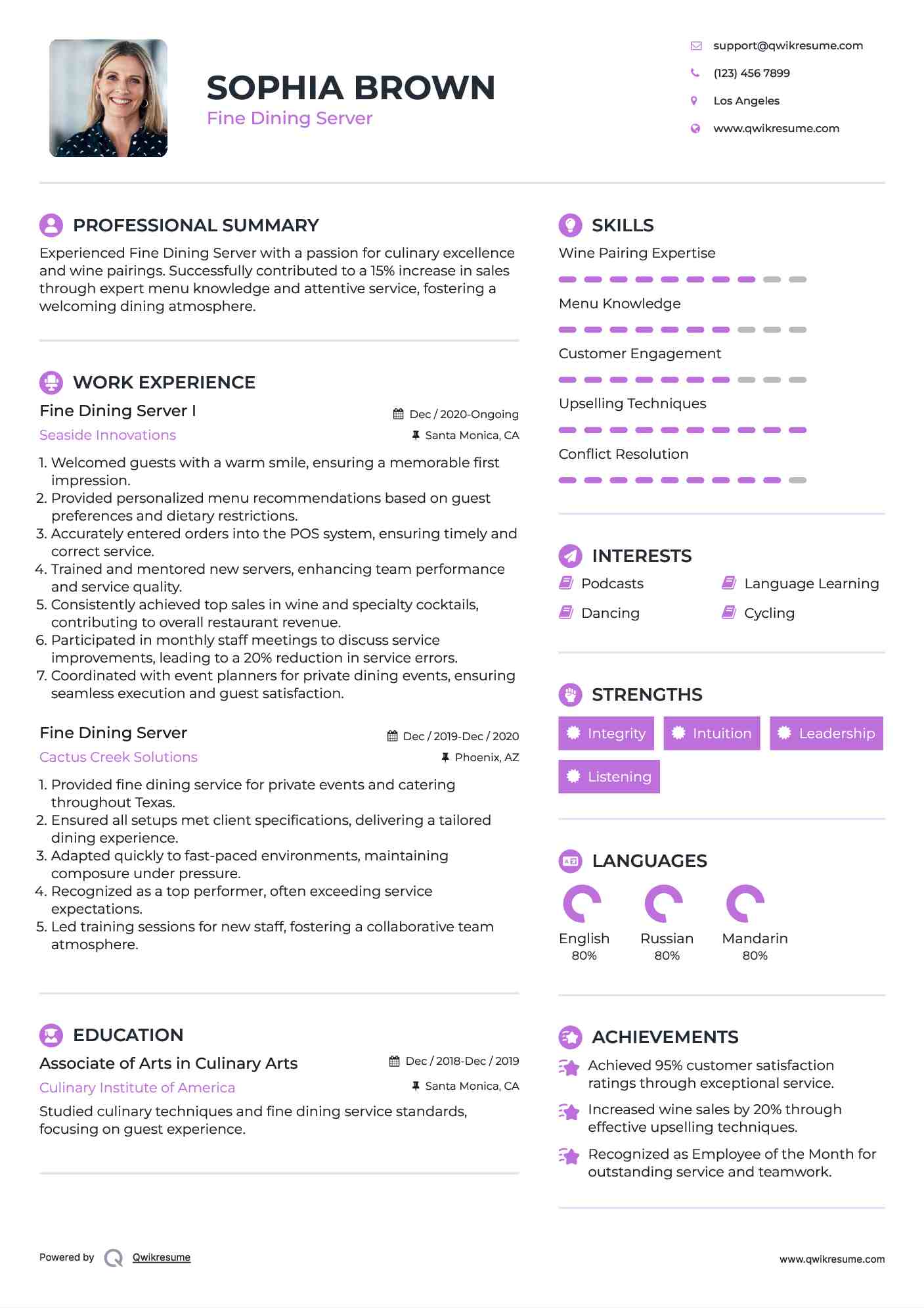Fine Dining Server Resume Samples QwikResume