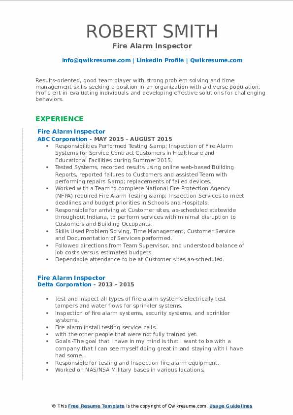 Fire Alarm Inspector Resume Samples | QwikResume