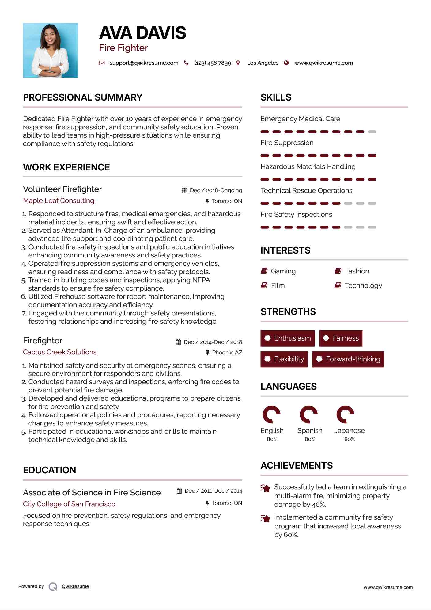 Fire Fighter Resume Samples QwikResume