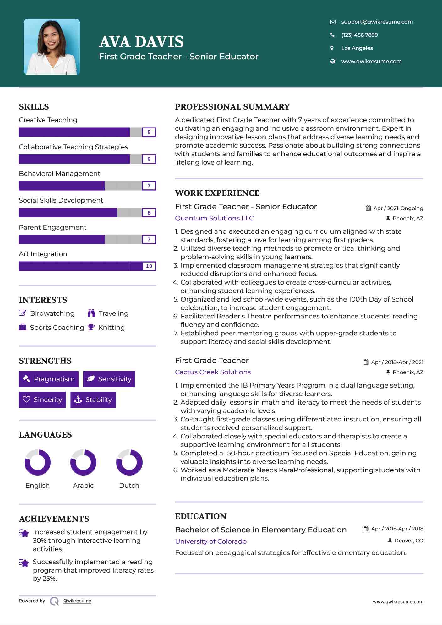 First Grade Teacher Resume Samples QwikResume