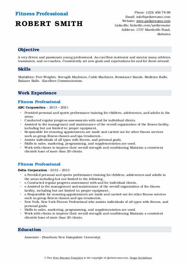 Fitness Professional Resume Samples | QwikResume