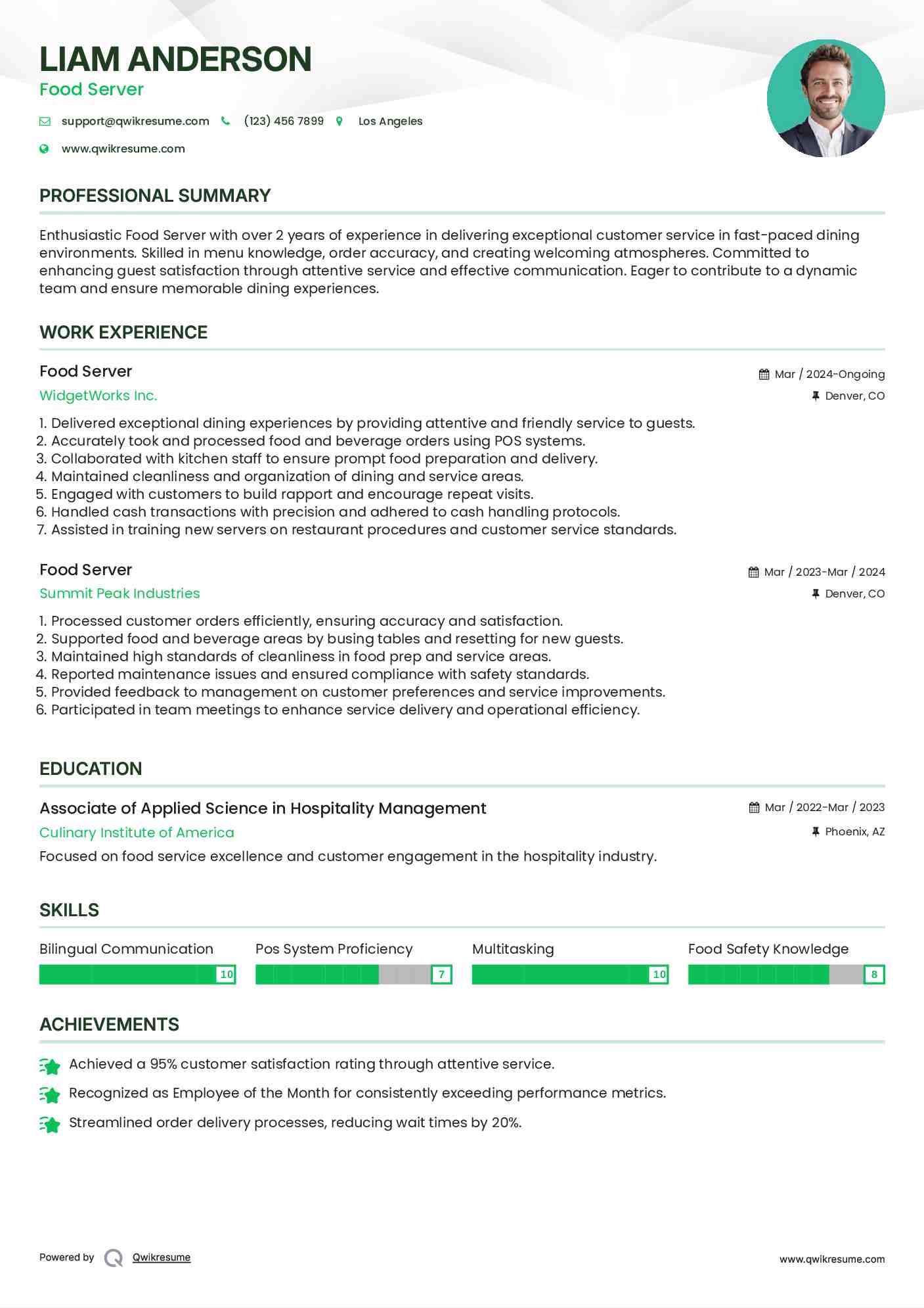 Food Server Resume Samples QwikResume