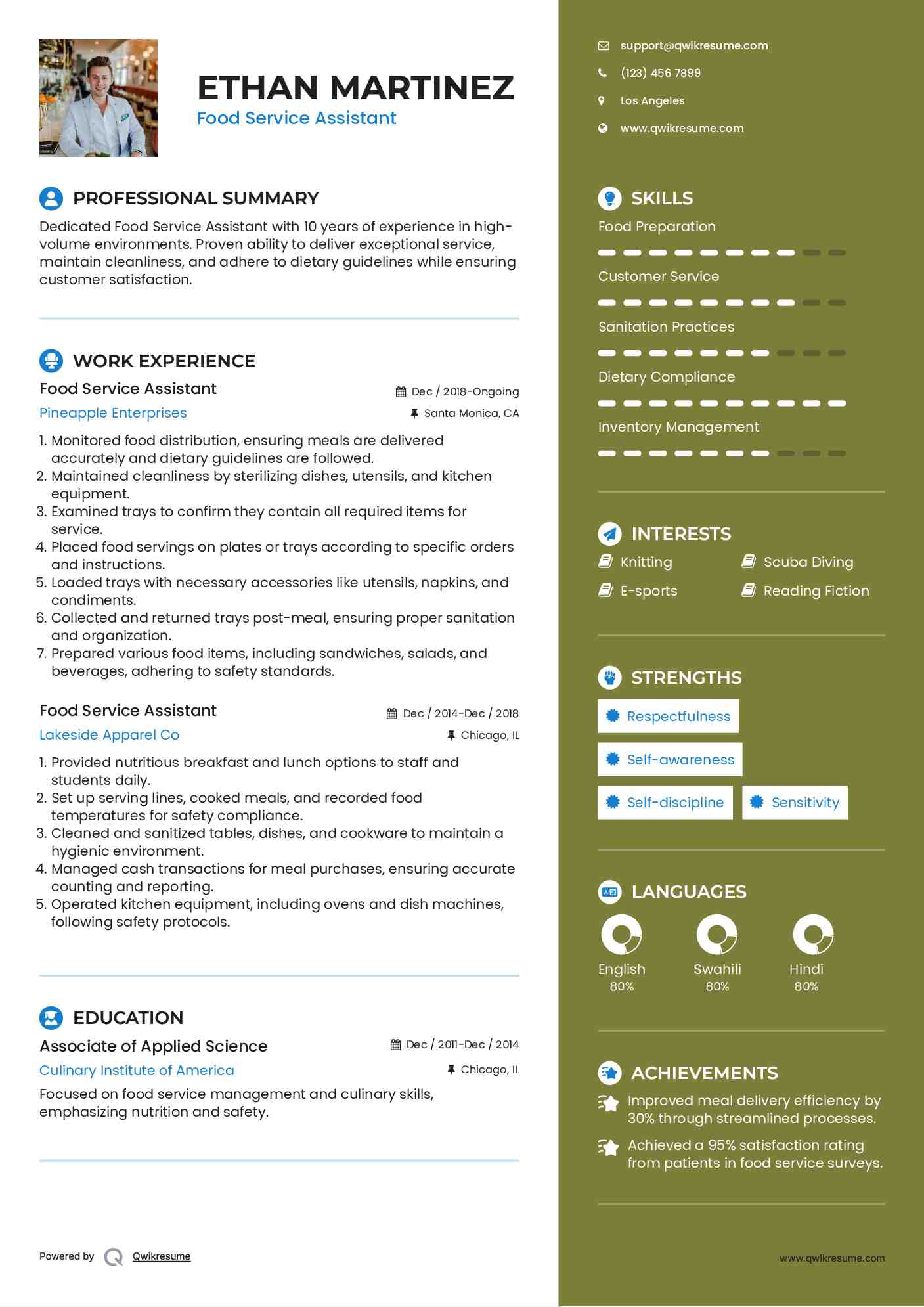 Food Service Assistant Resume Samples QwikResume
